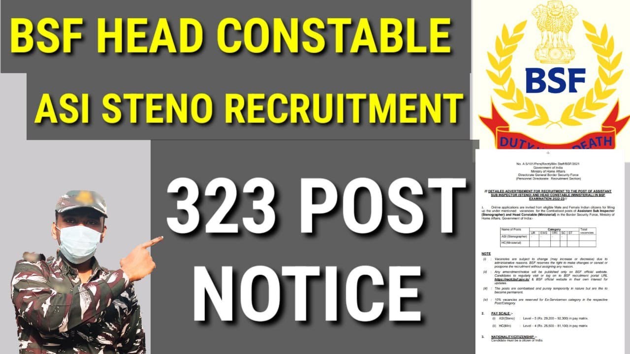 Bsf head constable ministerial & ASI Steno recruitment exam 323 post ...