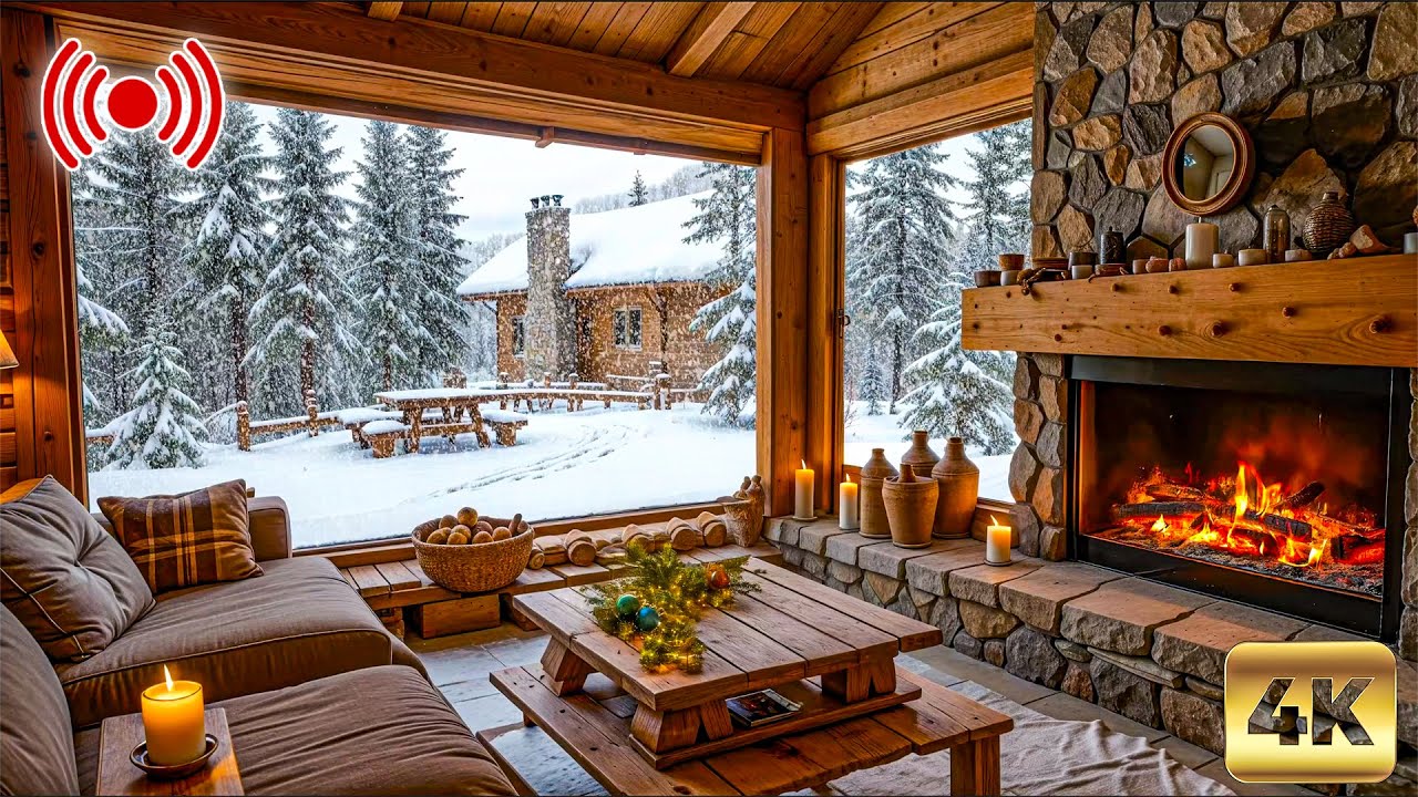 Rustic Winter Cabin 🌲 ️ | Cozy Fireplace Ambience with Snowfall in 4K ️ ...