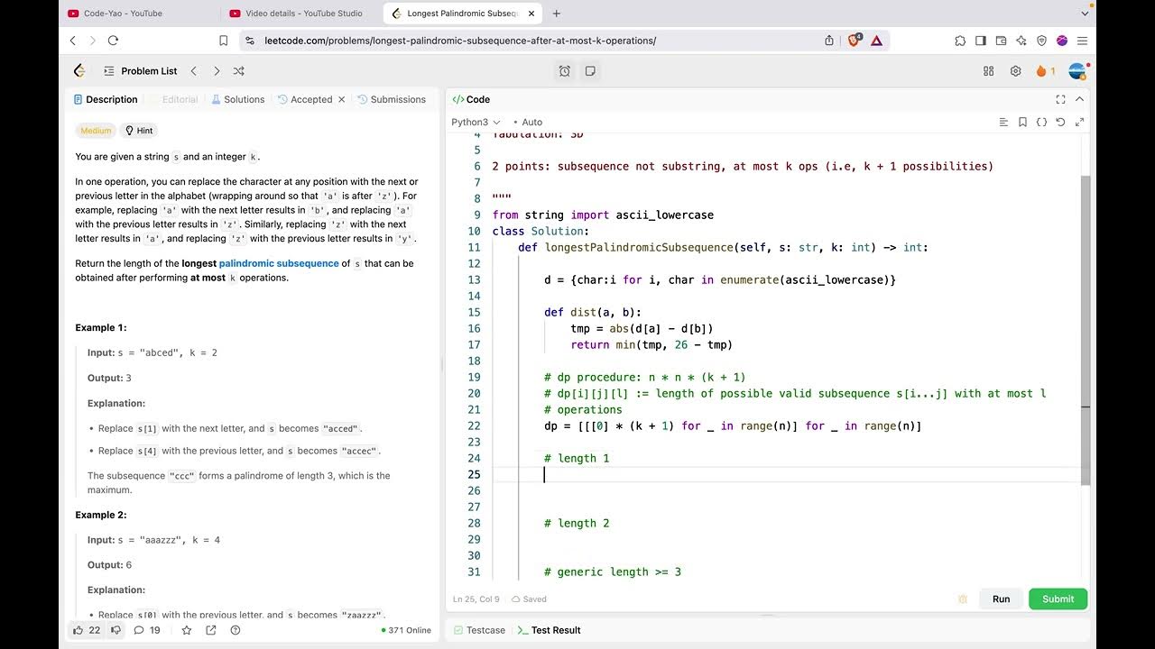 leetcode 3472 Longest Palindromic Subsequence After at Most K Operations | DP - YouTube