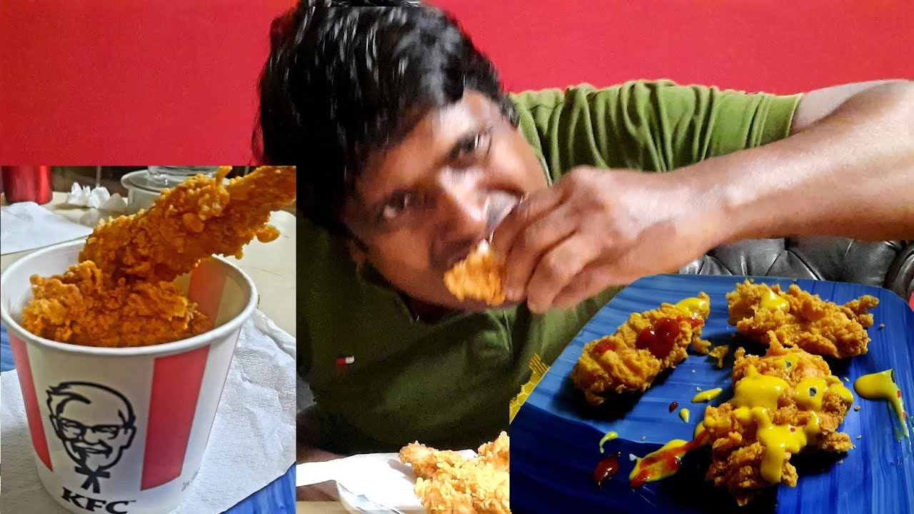 Eating KFC bucket chicken with honey mustard sauce | Tomato sauce ...