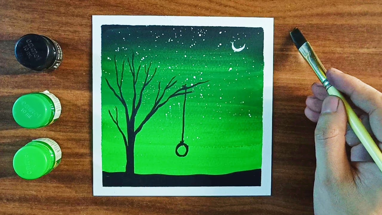 Green night scenery drawing with poster colour | Easy painting ideas ...