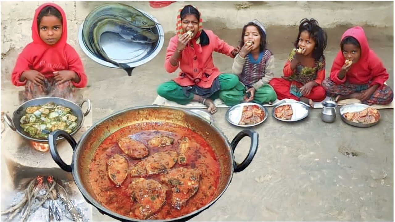 Village Tribe poor girl cooking and eating rohu fish ||Small girls ...