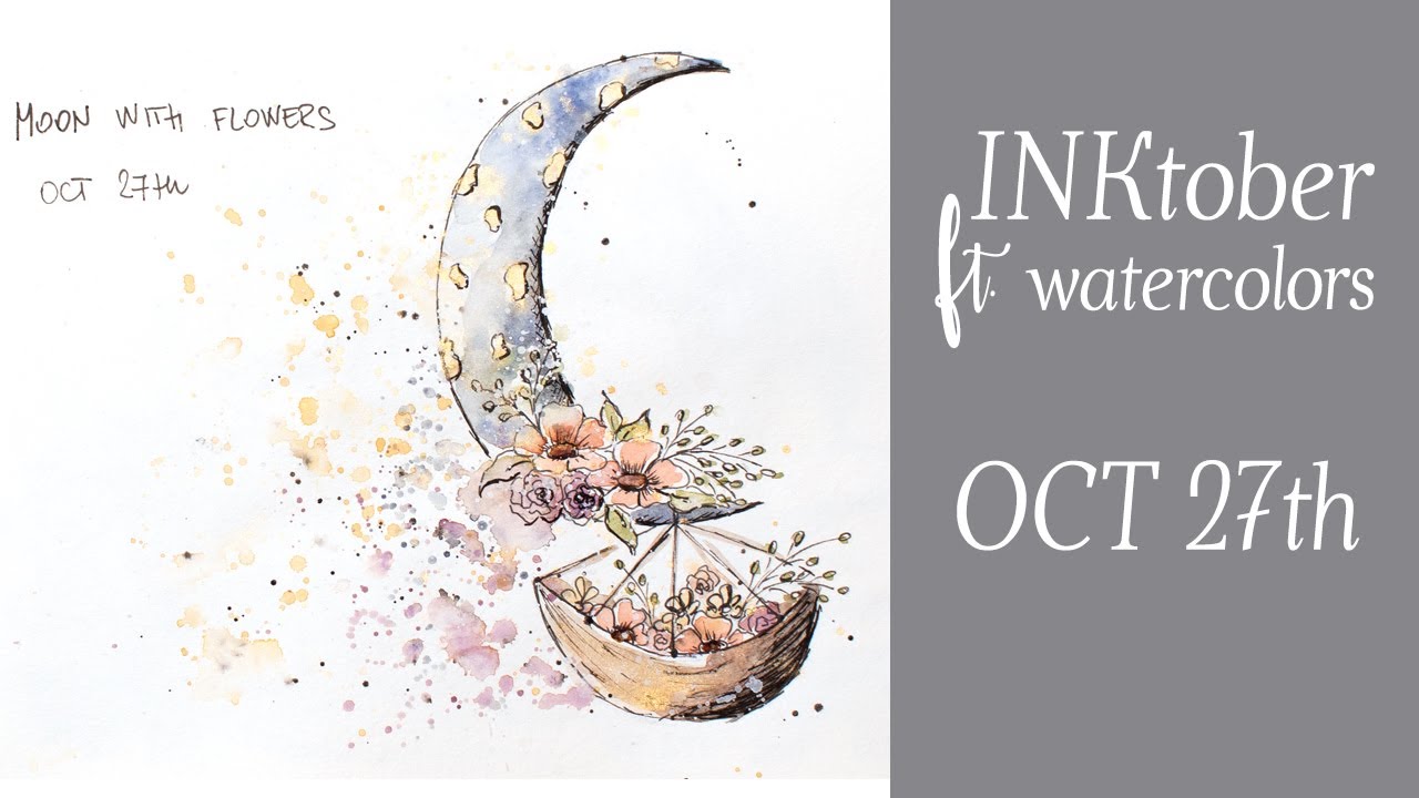 Inktober for beginners - ink ft. watercolors - moon with flowers - YouTube