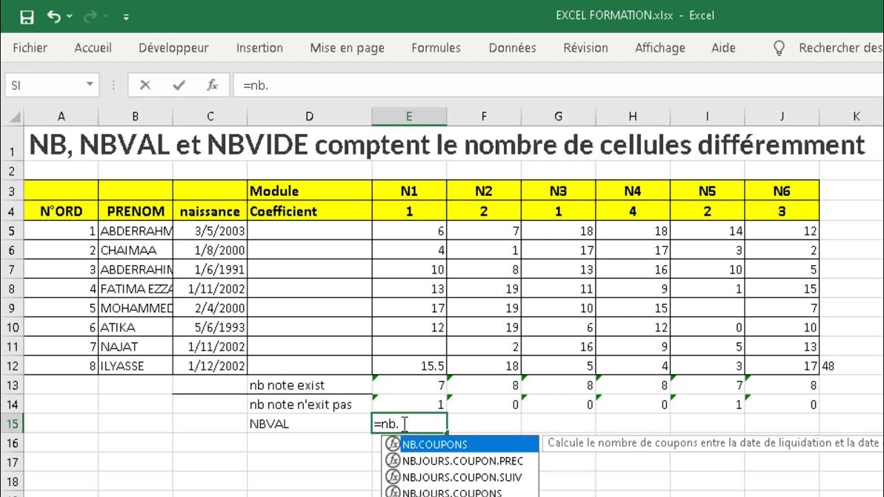 8#Excel Fonction (NB, NBVAL et NB.VIDE ) comptent le nombre de cellules différemment Darija ...