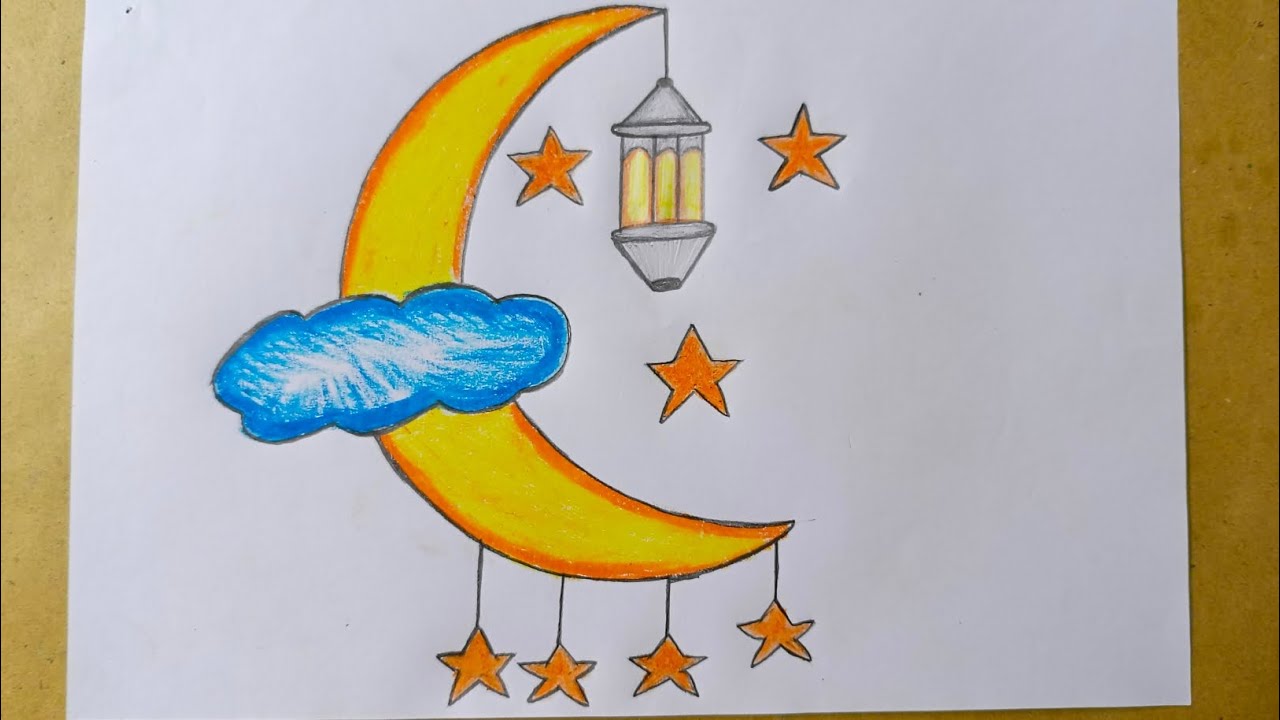 Ramadan Kareem Drawing Tutorial /Moon And Lantern Drawing for Ramadan ...