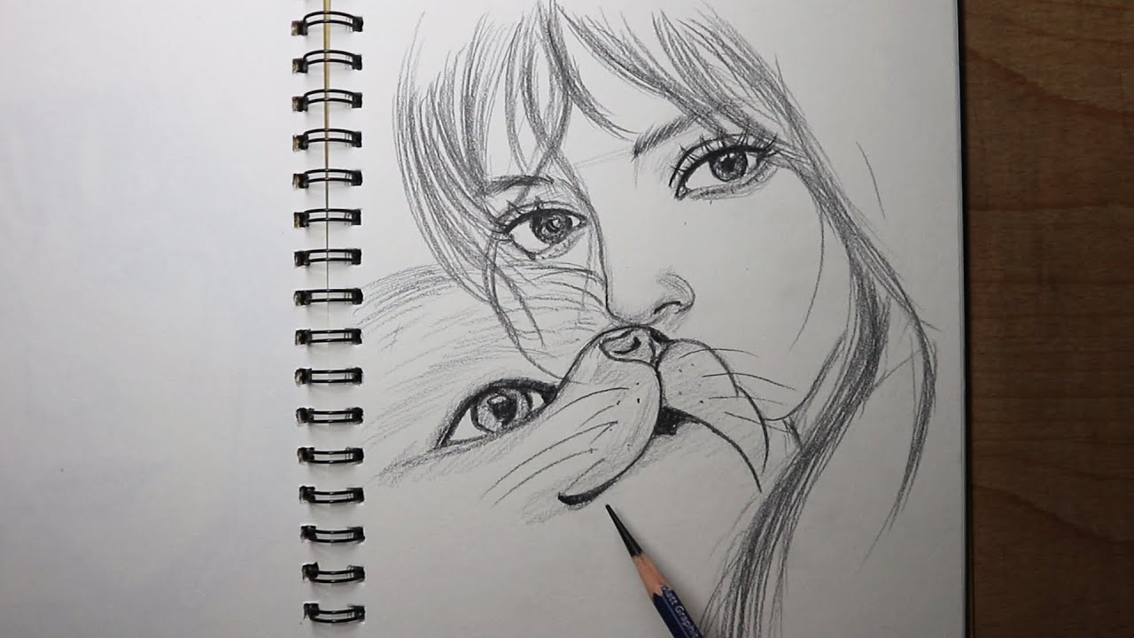 girl drawing easy | How to draw a girl and a cat step by step - YouTube