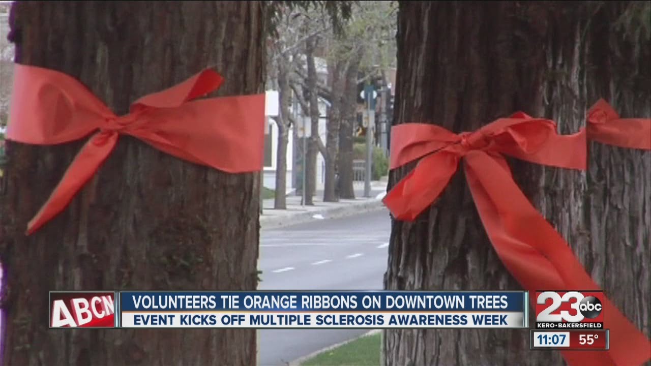 Volunteers tie orange ribbons on downtown trees - YouTube