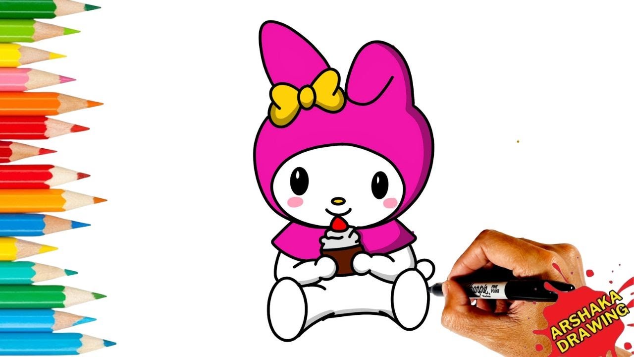 Drawing My Melody Eating Cake from Sanrio Easy Step by Step - YouTube