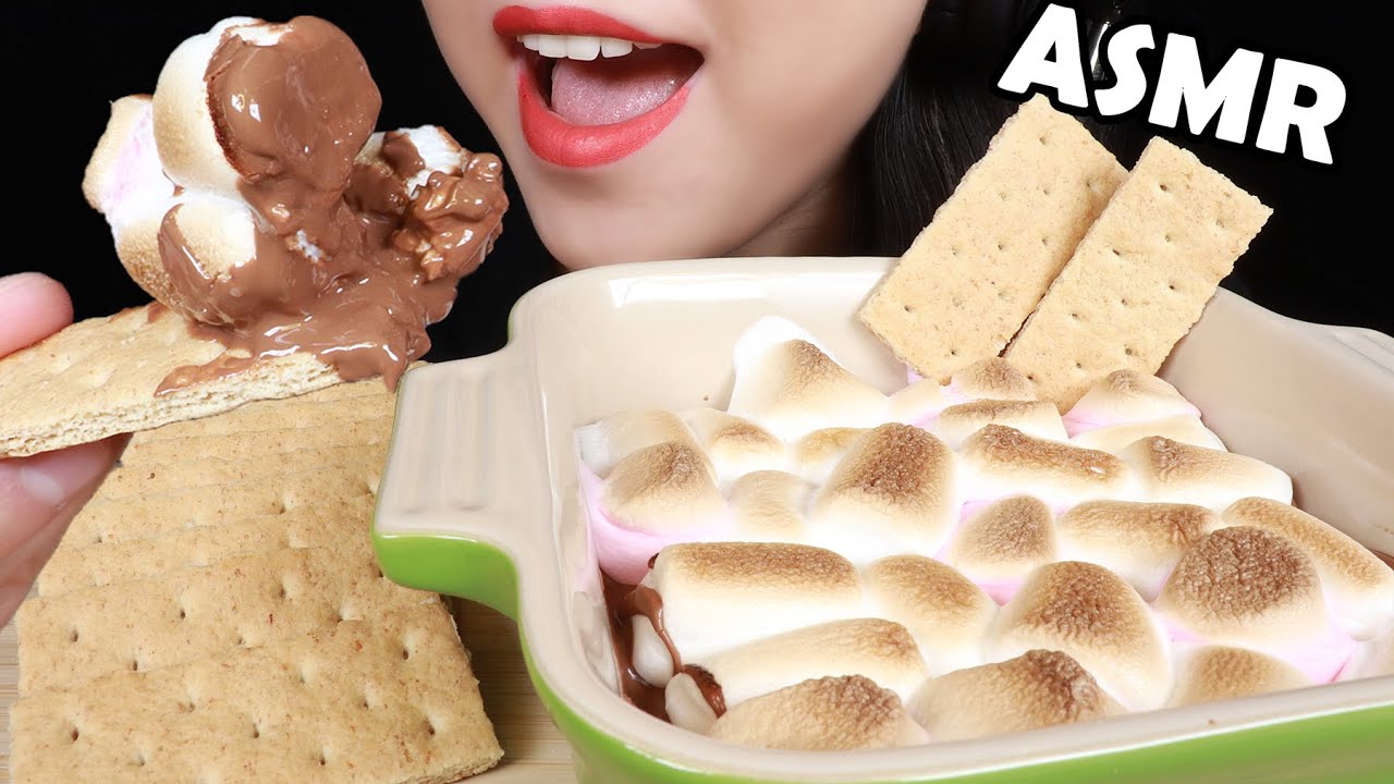 ASMR EATING SOUNDS TOASTED MARSHMALLOW SMORES DIP SOFT CRUNCH FUN FOOD ...