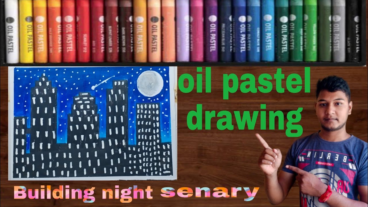 How to draw Building night senary oil pastel drawing for beginners with ...