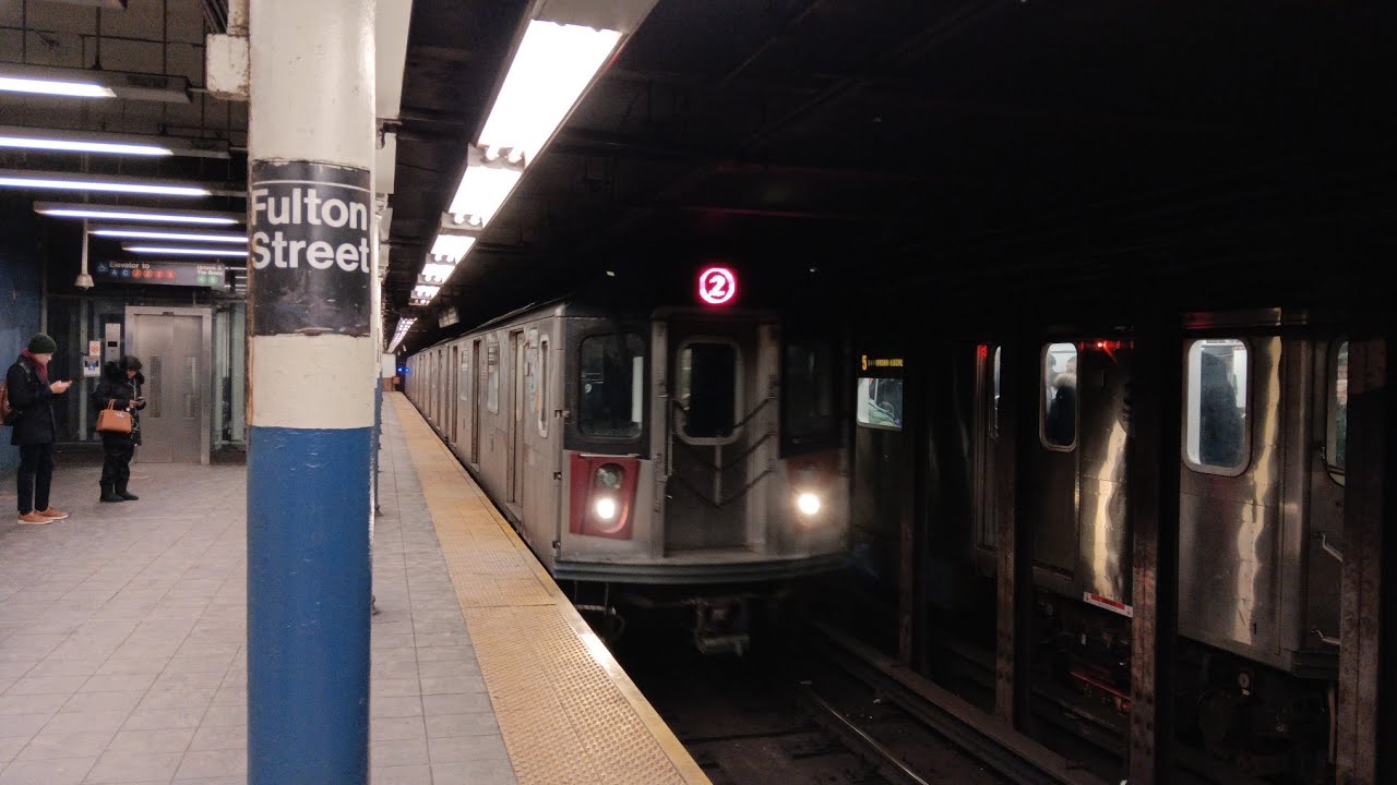 R142 #7124 (5) + R142 #6525/#6576 (2) via Lex arriving at Fulton Street ...
