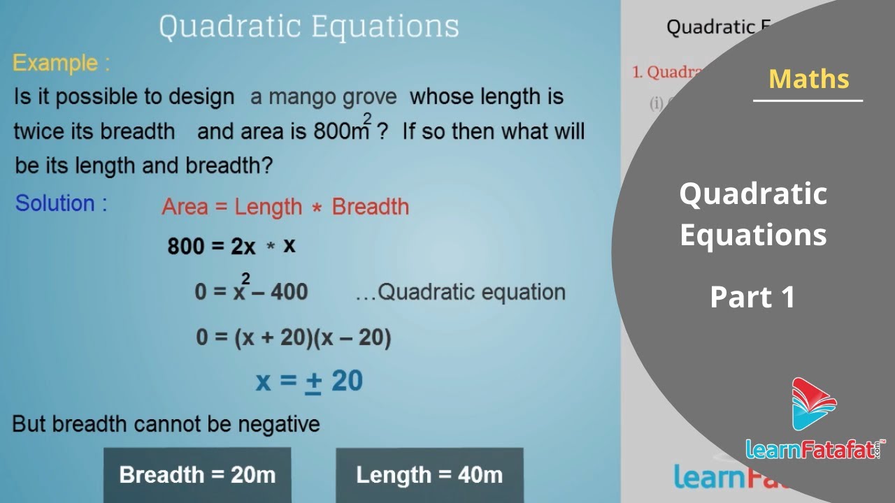 Quadratic Equations Class 10 Mathematics - Part 1 - YouTube