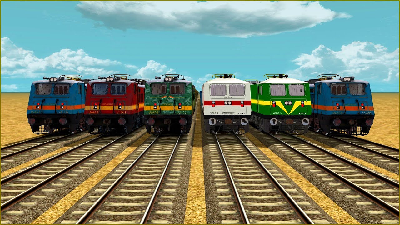 6 ELECTRIC TRAINS CROSSING LINE UP ON EACH TRACK-BUMPY FORKED RAILROAD ...