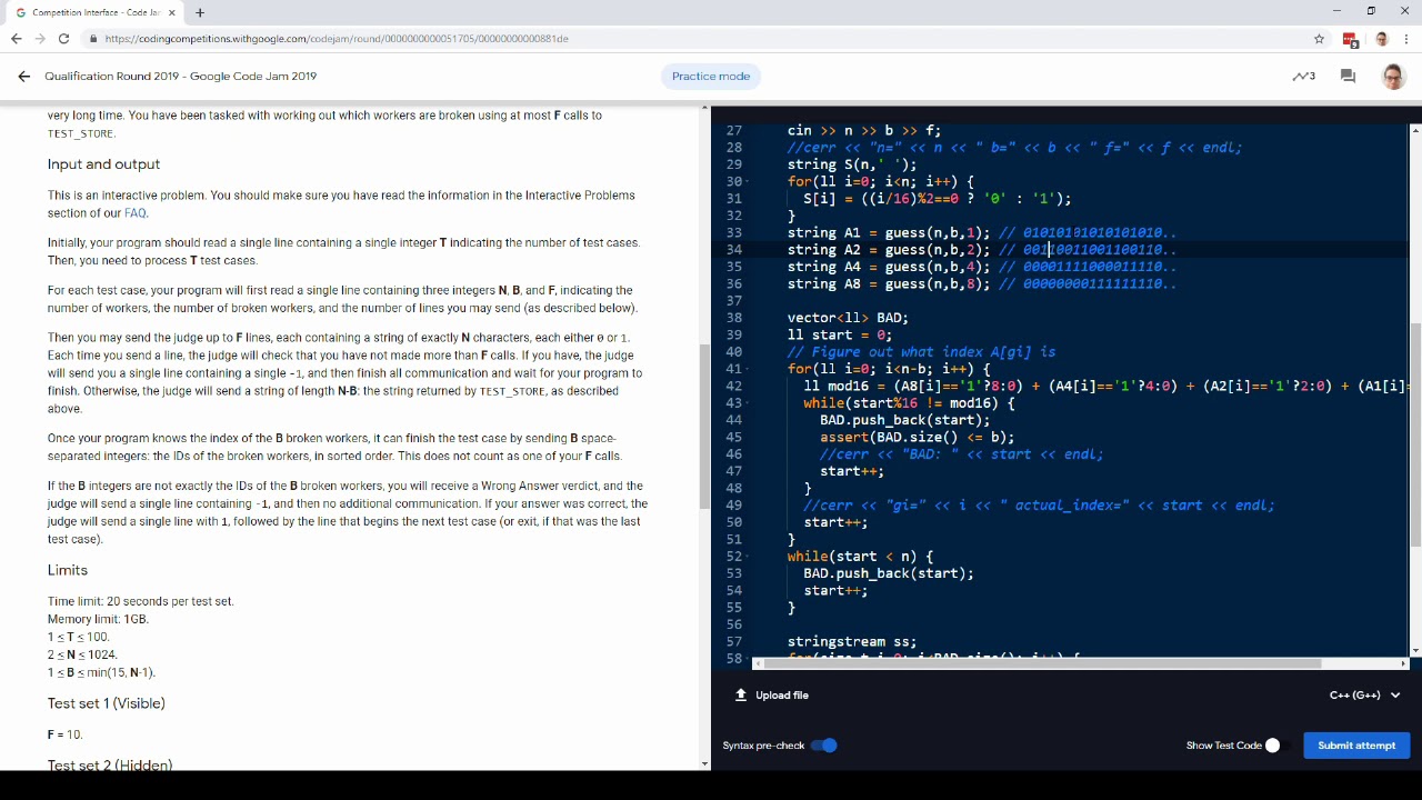 Google Codejam 2019 - Qualification Round - D (Dat Bae) - YouTube