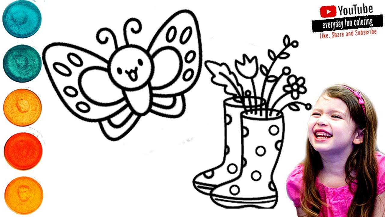 BUTTERFLY AND FLOWERS IN THE BOOTS Coloring Activity With Watercolor ...