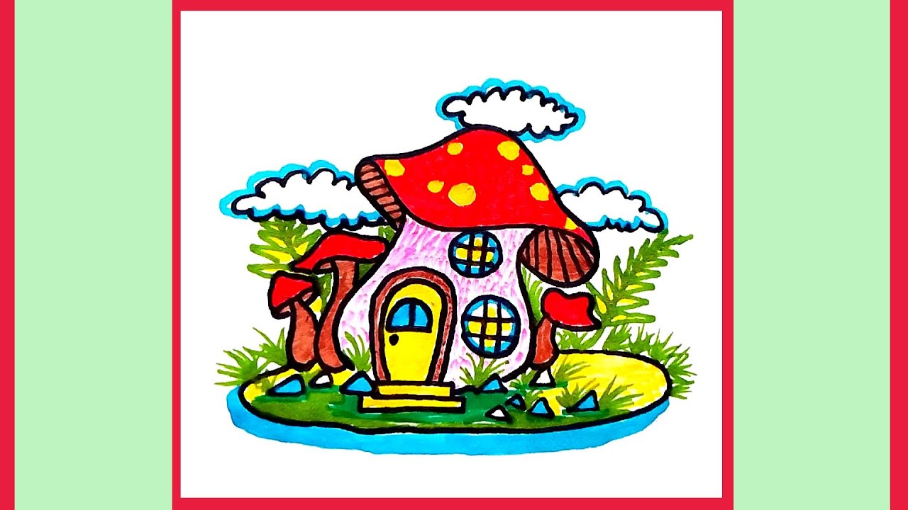 How to draw a mushroom house || Fairy House Drawing || Ummehani Art ...