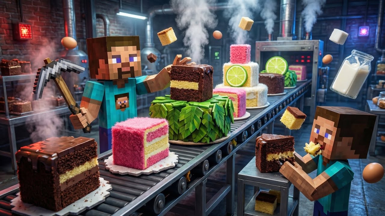 “Minecraft Cake Factory! 🍰 Kids Take Cakes & Play with Pickaxe” - YouTube