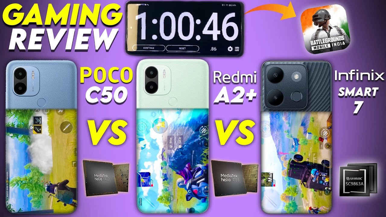 Redmi A2 plus vs Poco C50 vs Infinix Smart7 Full gaming test BGMI/PUBG ...