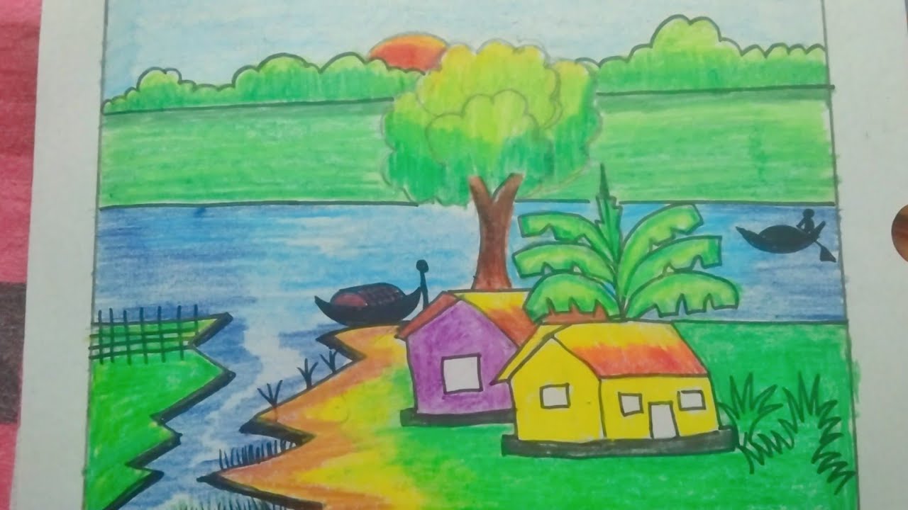 How to draw easy scenery drawing with beautiful landspace village with ...