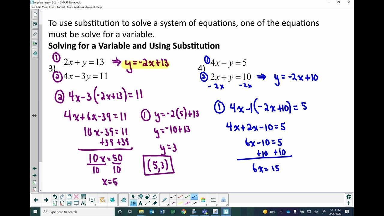 Algebra Lesson 6 2 Solving Systems by Substitution - YouTube