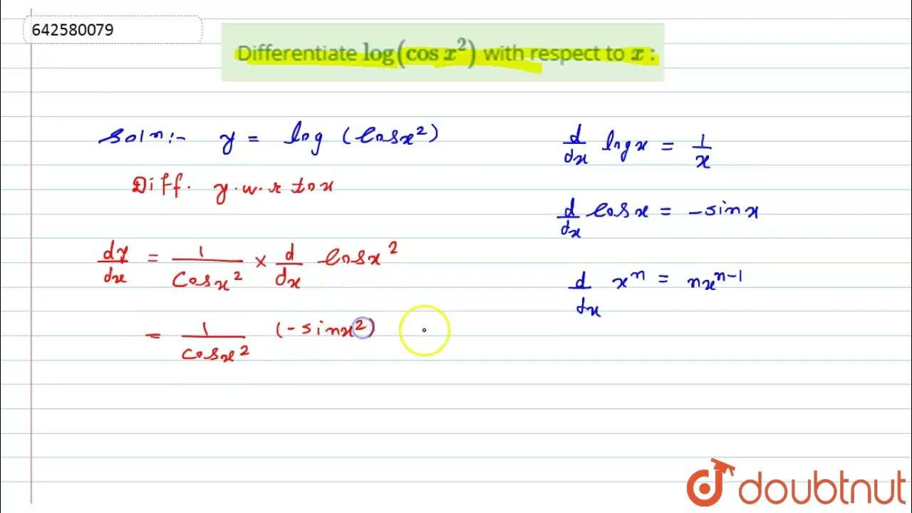Differentiate log(cosx^2)\nwith respect to x\n: | CLASS 12 | DIFFERENTIATION | MATHS | Doubtnut ...