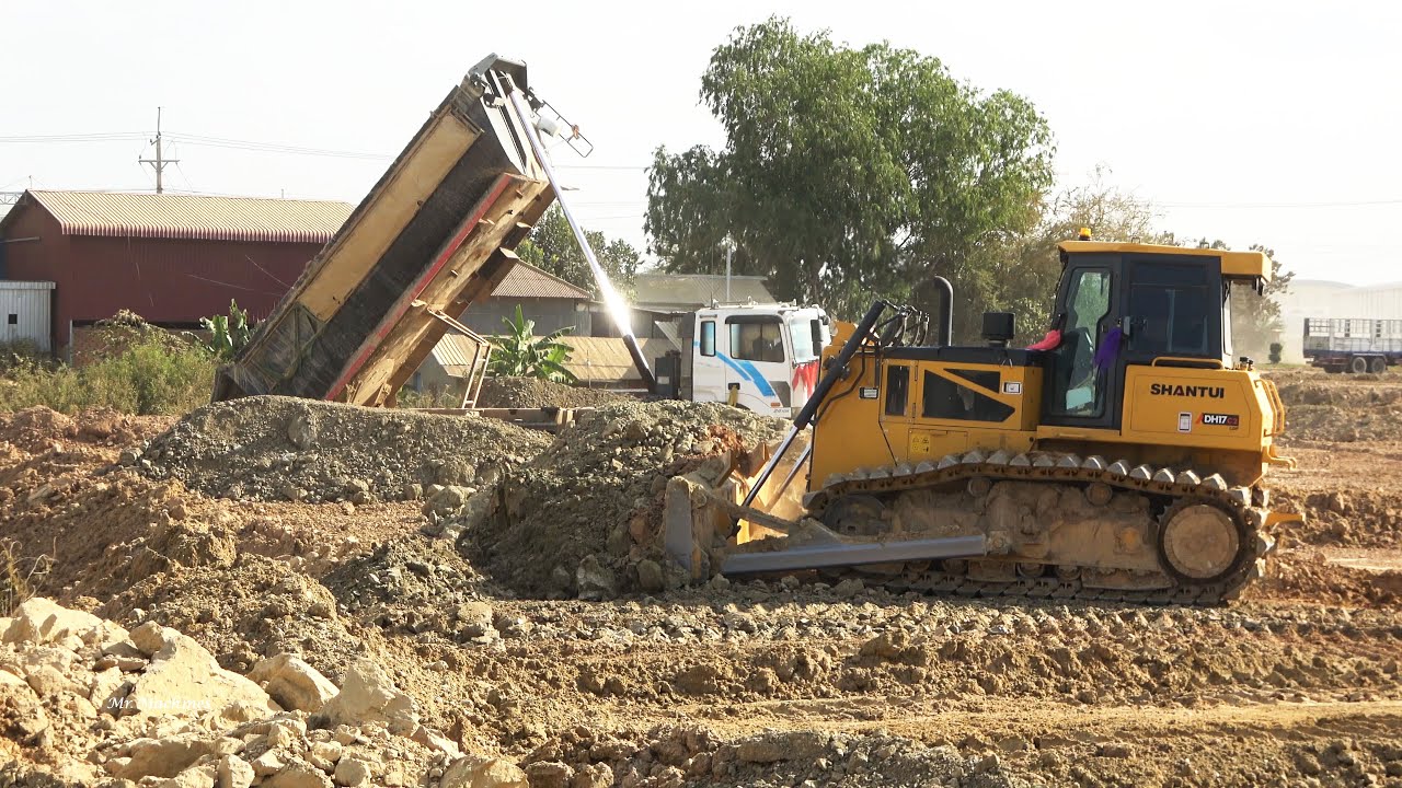 Heavy Bulldozer Equipment Working Moving Dirt and Power Dump Truck ...