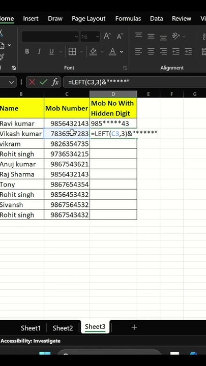 Contact number hide in Excel | Left formula and Right formula in Excel #excel #shorts # ...