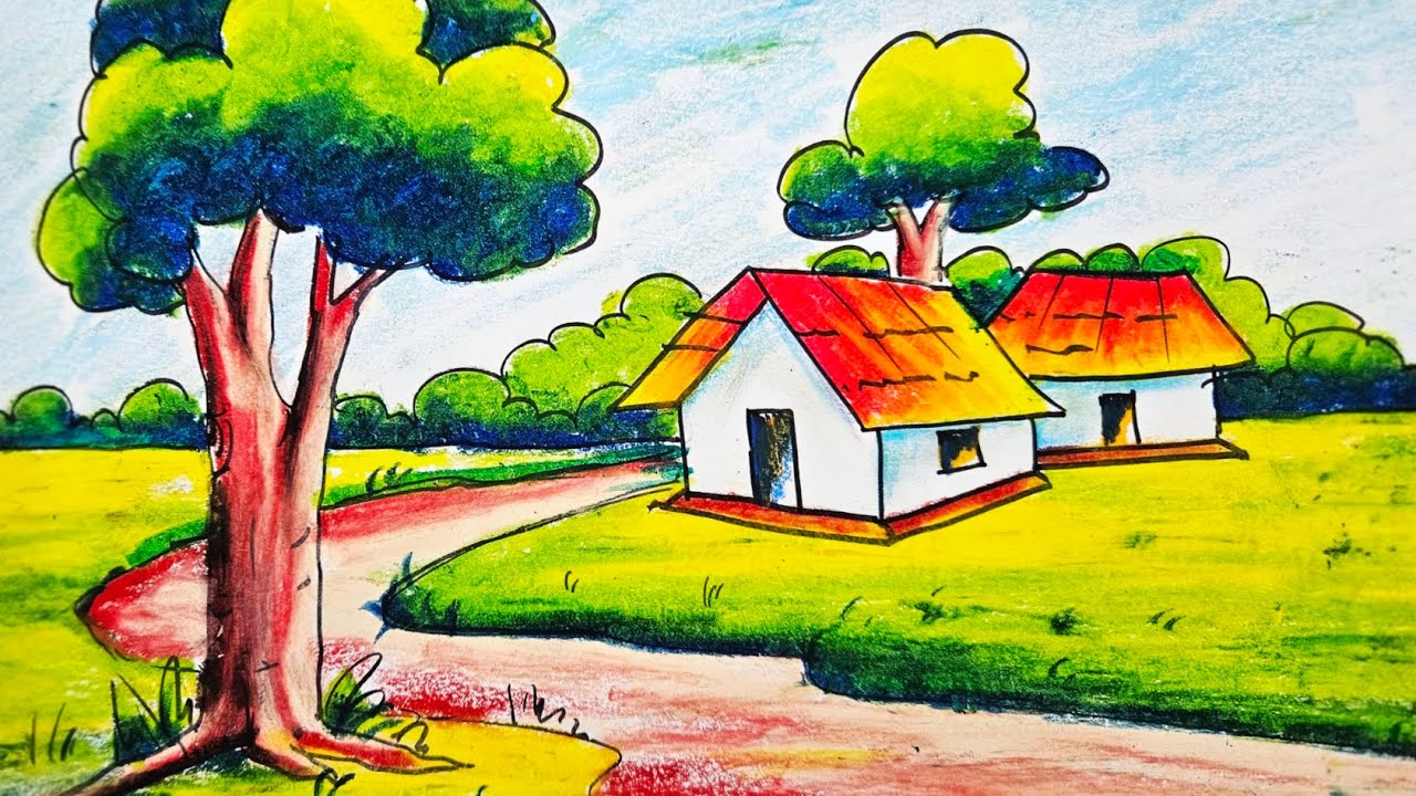 How to draw village scenery drawing | painting | easy | Nilima Sarker ...