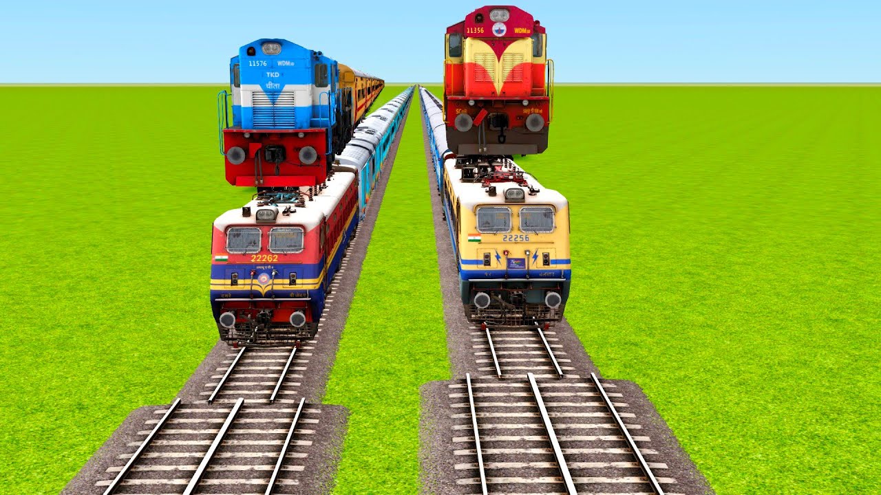 FOUR TRAINS CRAZIST RUNNING ON BROKEN RAILWAY TRACKS AND FLYING SHARP ...