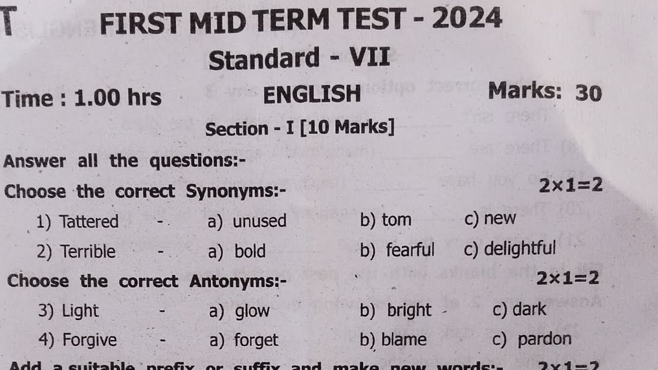 7th English First mid term test Original Question Paper 2024|7th ...
