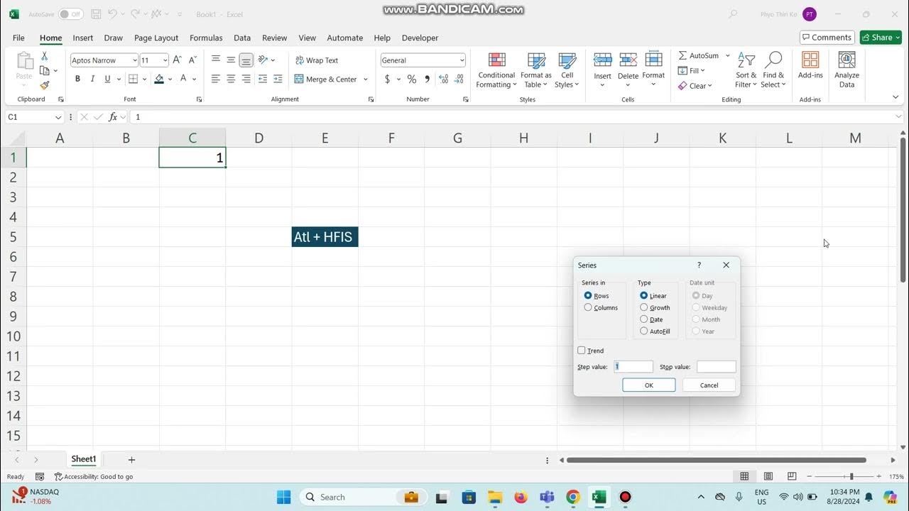 Fill the number using alt+HFIS #excel #microsoftoffice #exceltips #exceltable #myanmar - YouTube
