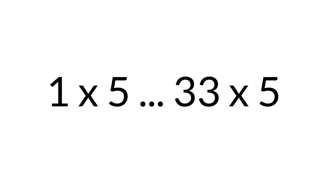 Multiplication Table times 5, from 1 x 5 to 33 x 5, in order, silent ...