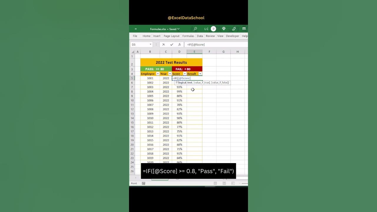 How to create a Pass/Fail formula in Excel using an =IF statement - YouTube
