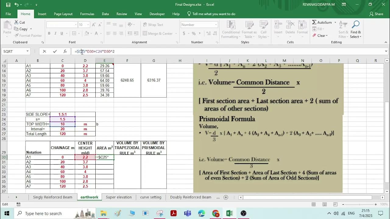 Earthwork Calculation by trapezoidal and Prismoidal Rule using Excel sheet - YouTube