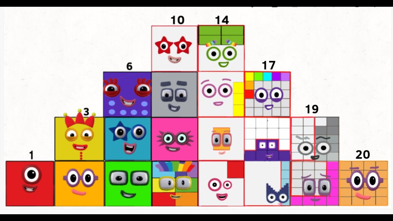 Numberblocks square 1 to 20 in the shape of a pyramid - YouTube