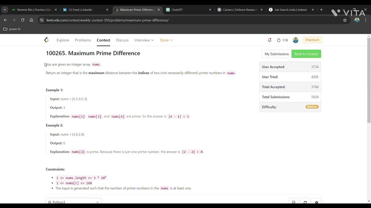 Leetcode Weekly Contest 393 100265 Maximum Prime Difference Today S Leetcode Contest
