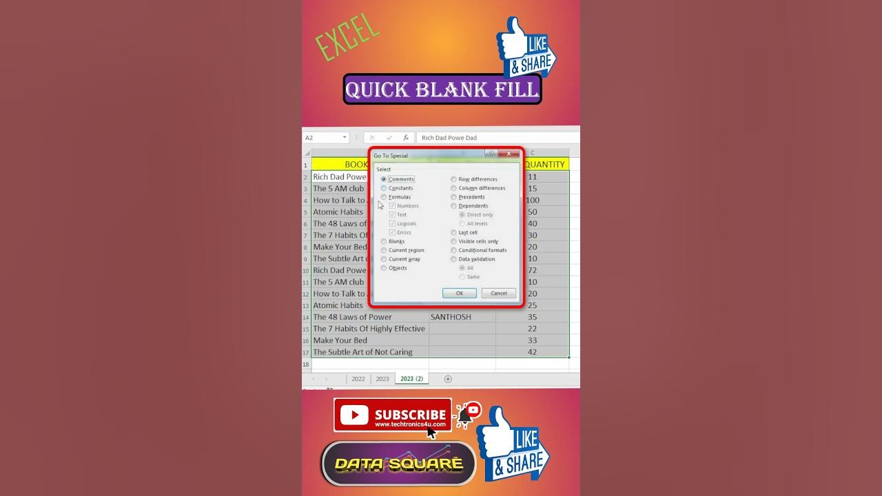 Quick Blank Fill In Excel Data Square Excel Youtube