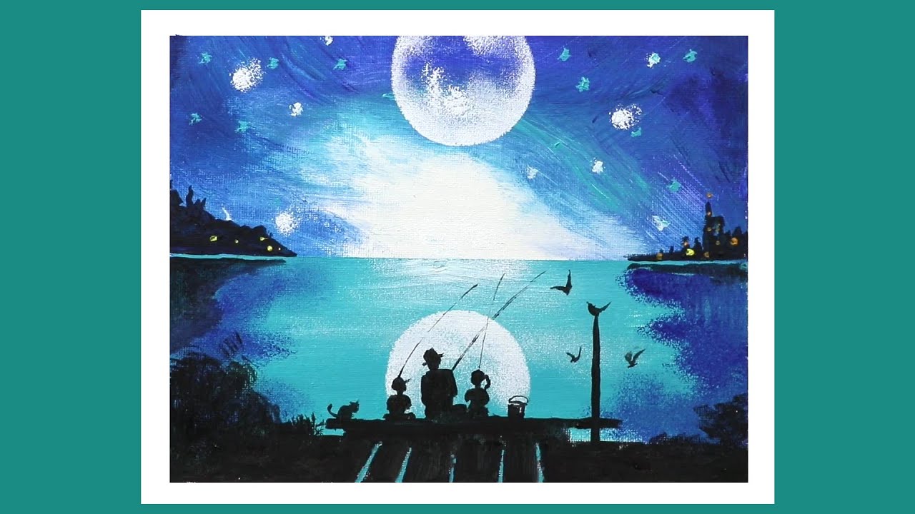 night fishing with father| night scenery | acrylic painting for ...