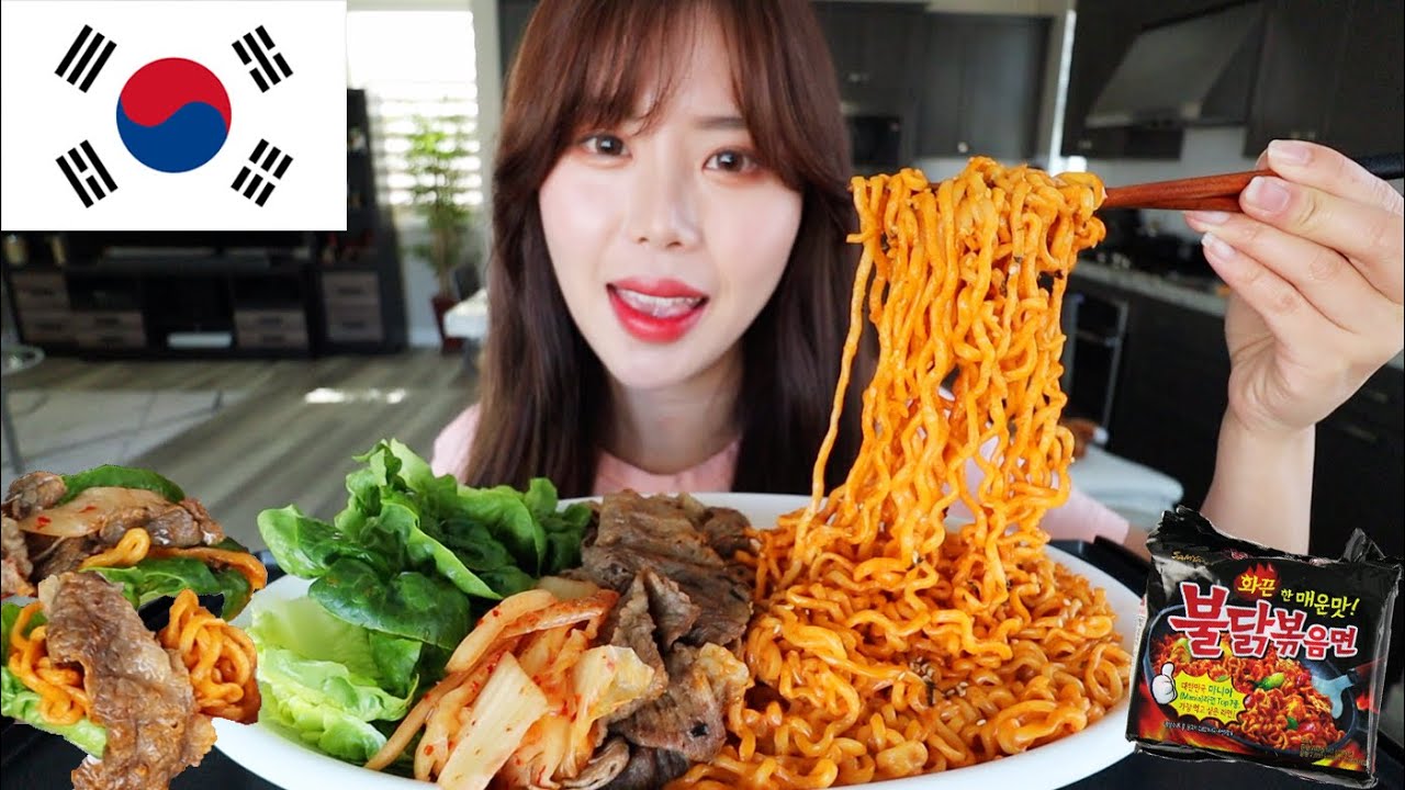 COOKING MUKBANG 먹방 KOREAN FIRE NOODLE | Beef Brisket, Kimchi, & Lettuce ...