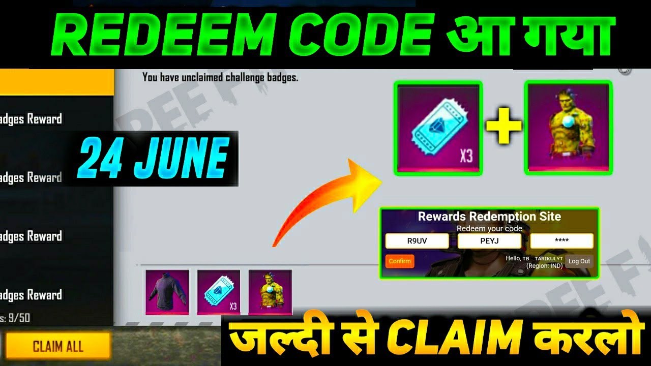 24 JUNE REDEEM CODE | FREEFIRE REDEEM CODE TODAY | CLAIM DIAMOND ROYALE ...