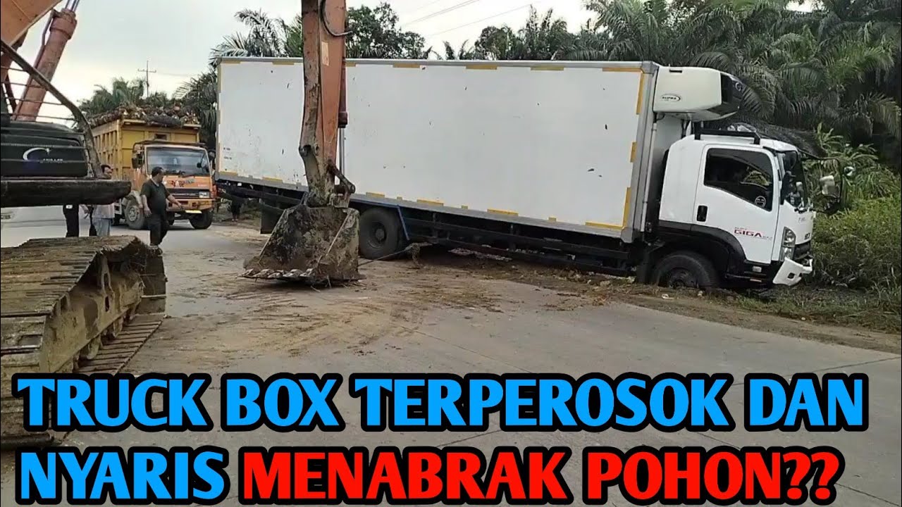 proses evakuasi truck box yang terperosok dan nyaris menabrak pohon ...