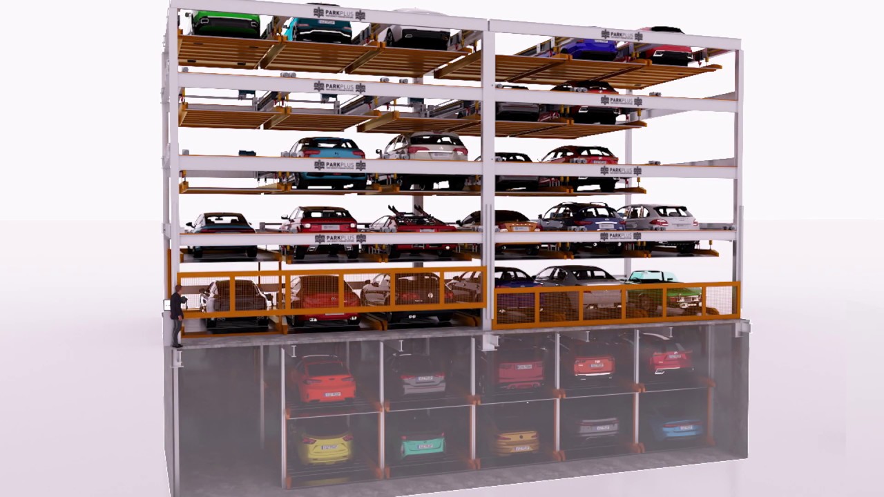 PARKPLUS 5-High 2-Deep (w/ Pit) Lift-Slide Puzzle Parking System - YouTube