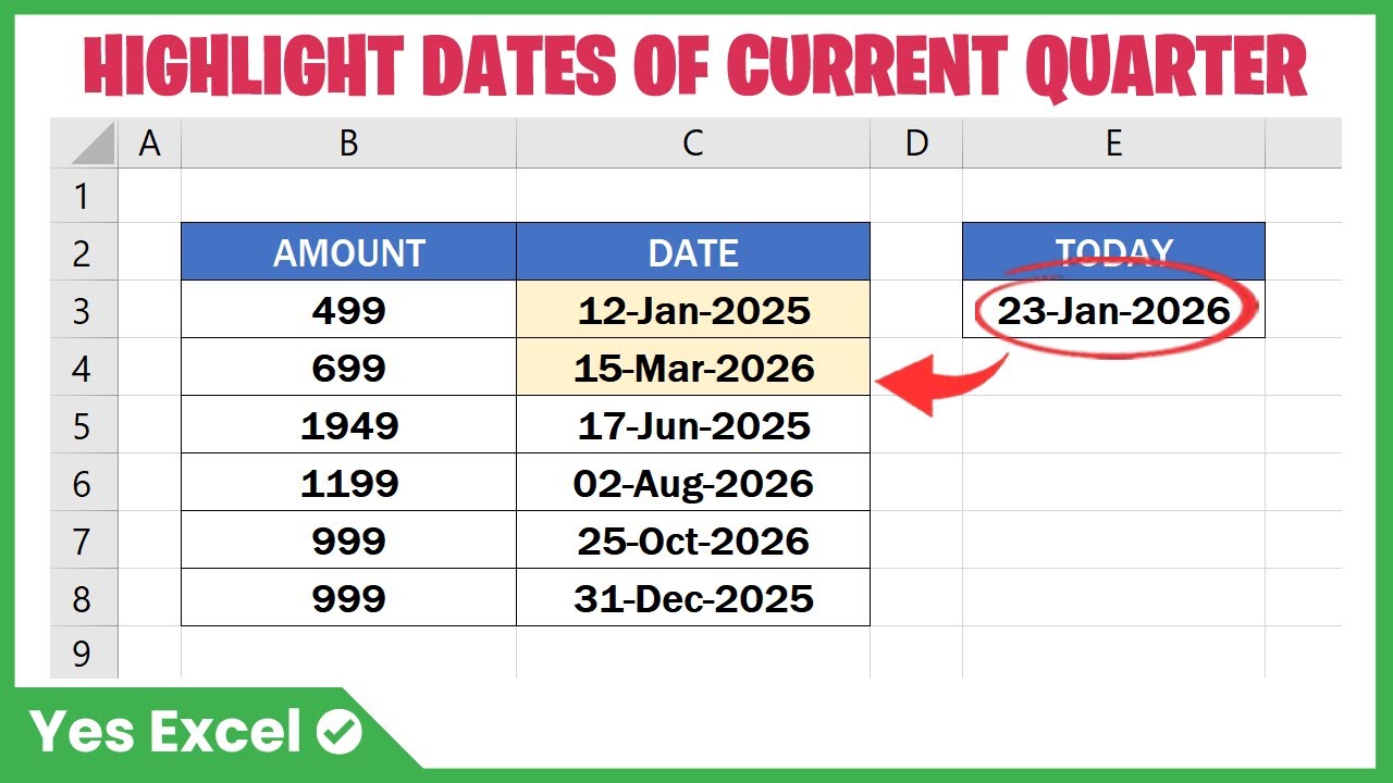 Highlight Dates of the Current Quarter in Excel - YouTube