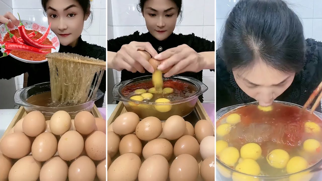 MUKBANG : Raw eggs mixed chili vermicelli soup 생 계란 혼합 칠리 당면 수프 - YouTube