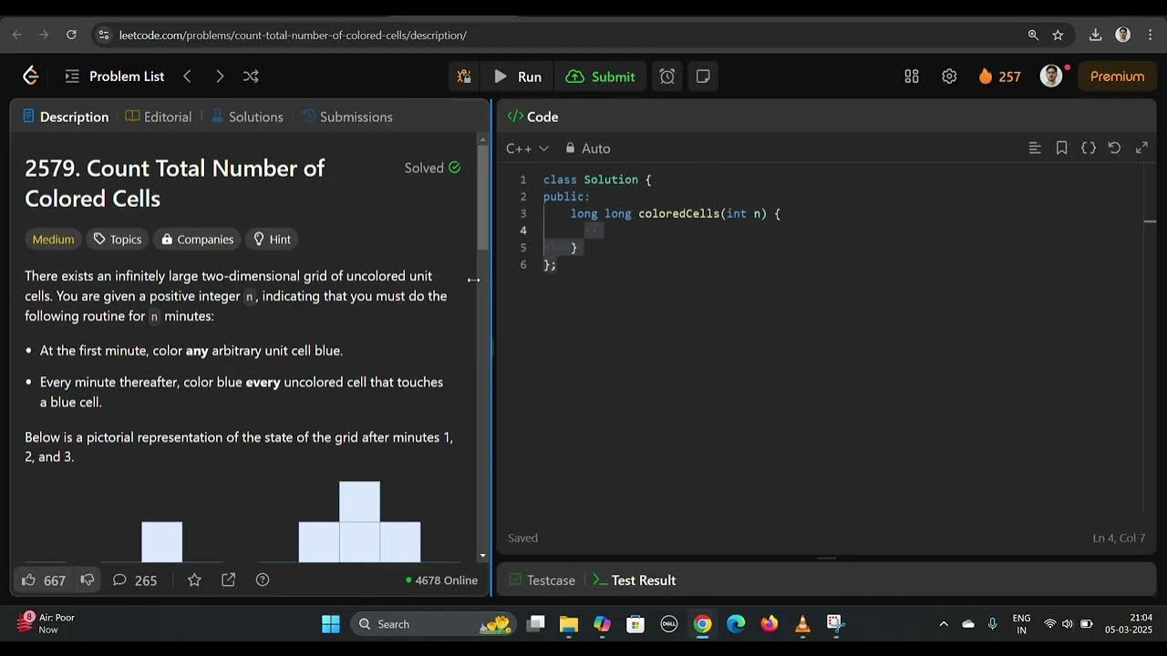 Count Total Number of Colored Cells|LEETCODE #potd |05-03-25| @DecodeMaster01 - YouTube
