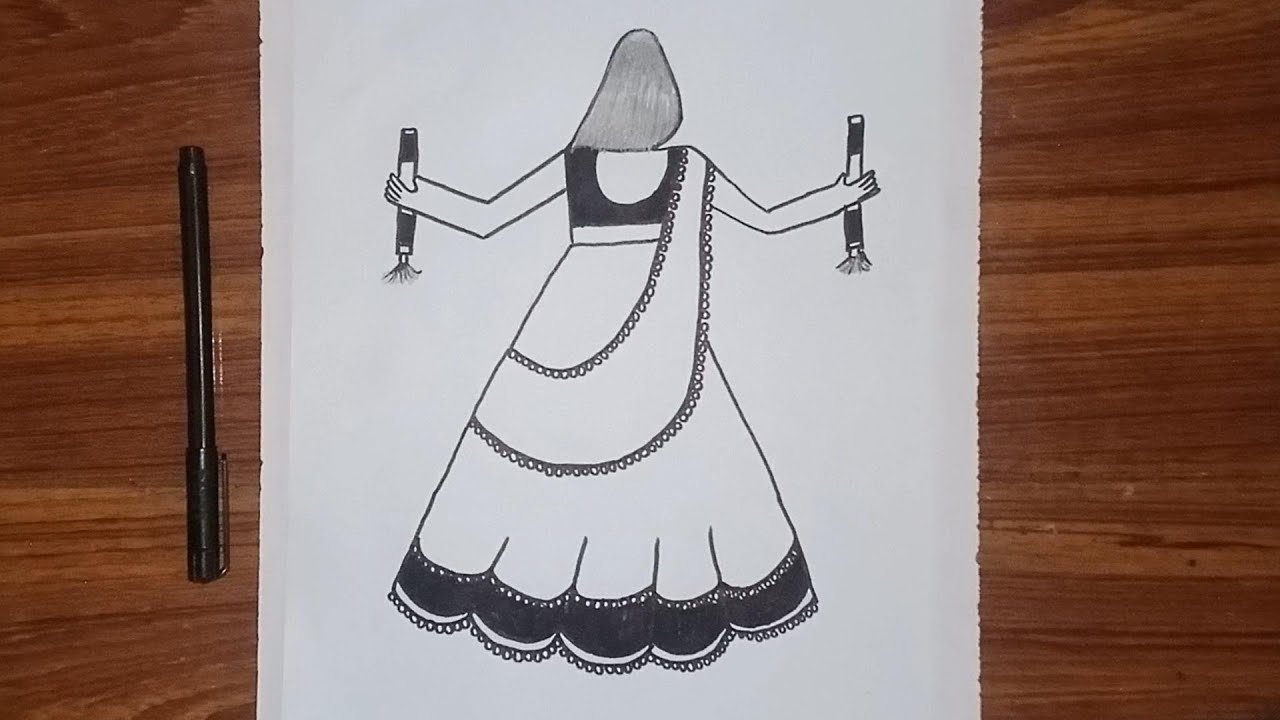 How to Draw a Garba Dance Girl with Lehenga | Dandiya Drawing Tutorial ...