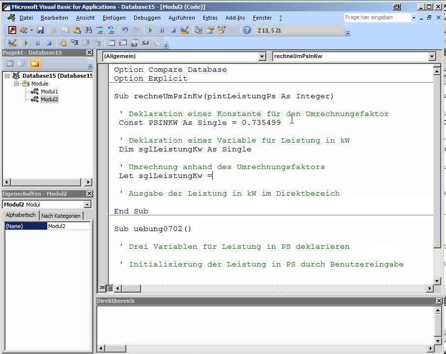 PRG07UE03 Programmierung Funktionen, Prozeduren, Module: Prozedur mit ...