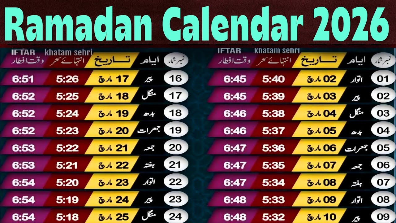 2026 Ramadan Calendar | Sehri Iftar Time Table 2026 | Ramadan ka chand ...