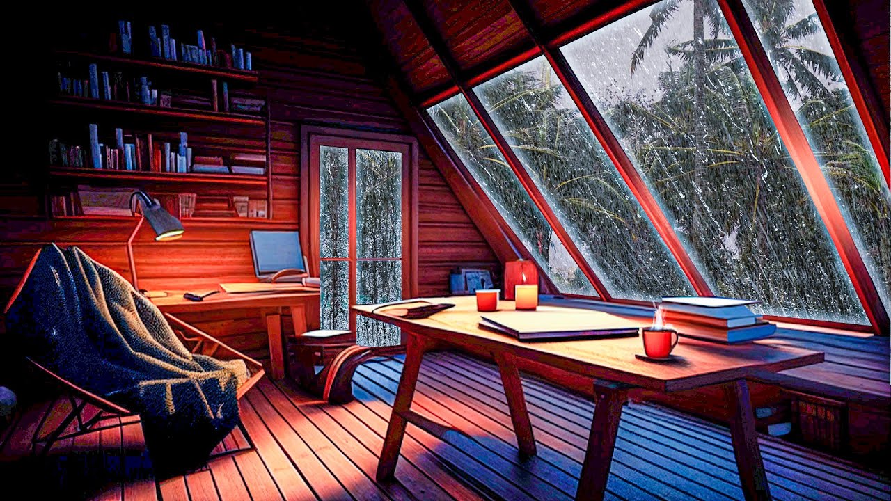 Cozy Study Room Ambience with Heavy Rain on Window, Thunder & Wind ...