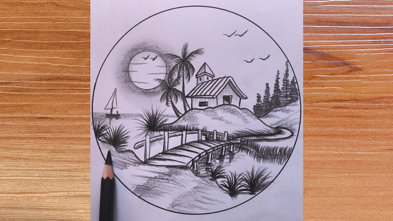 Scenery shading drawing | How to draw wooden bridge scenery | Creative ...